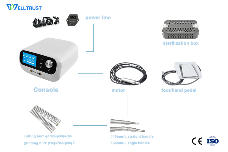 High speed neuro ent drill with straight handle and angled handle